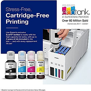 Epson EcoTank Wireless Color All-in-One Cartridge-Free ET-3850 Supertank Inkjet Printer for Home Office, Scanner, Copier, ADF and Ethernet, Mobile Printing, with Bonus Black Ink Bottle & USB Cable