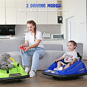 ELEMARA Bumper Car for Toddlers, 12V Electric Ride On Car Baby Bumper Car with 2 Driving Modes, Remote Control, Safety Belt,LED Lights and DIY Stickers , Kids, Large, Blue