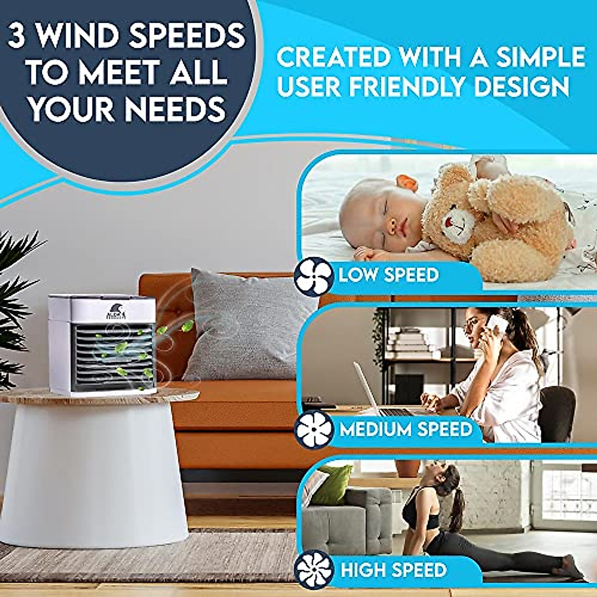 Portable Mini Air Conditioner - USB Powered Cooler - Quiet Desk Fan for Cooling Personal Space - Small Airconditioner Equipped with LED Night Light for Bedroom - Mobile AC For Camping