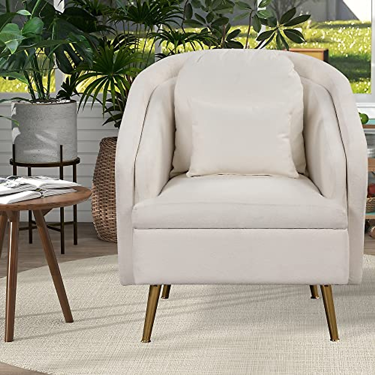 Goohome Mid Century Modern Accent Chair Single Sofa Comfy Upholstered Armchair Living Room Furniture, ReadingChair with Lumbar Pillow and Metal Legs for Bedroom, Lounge
