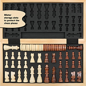 Funshpiel Magnetic Wood Checkers and Chess Set – Premium Handcrafted Chess Board Set with 2 Extra Queens, Chess and Checkers Set for Kids and Adults, Compact and Foldable Design, 15-inch Board Games