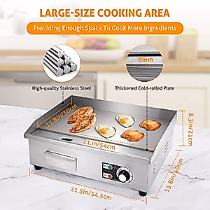 WICHEMI 22" Electric Griddle Grill Commercial Countertop Griddle Flat Top Grill Hot Plate Non-Stick Stainless Steel Teppanyaki Grill for Restaurant Kitchen, 110V 3000W