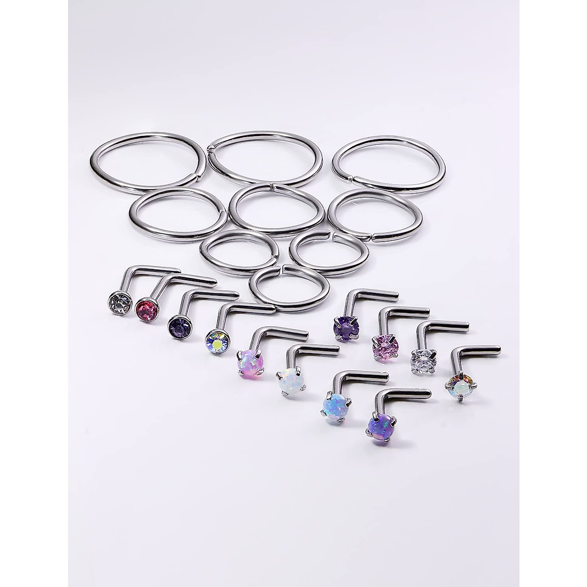 Vsnnsns 18G Nose Rings for Women Surgical Steel Nose Rings Hoops L Shaped Nose Studs Nose Hoop Rings 6mm 8mm 10mm Opal Nose Rings 2.5mm Diamond CZ Nose Ring Piercing Jewelry Silver 21Pcs