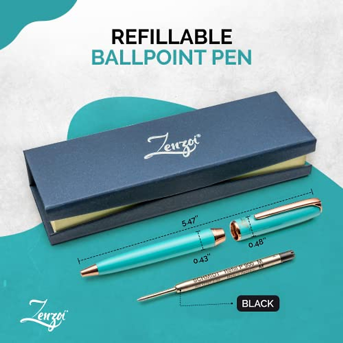 ZenZoi Turquoise Luxury Ballpoint Pen – Fancy Pen for Women W/Rose Gold Trim, Nice Gift Box & Schmidt Ball Point Ink Refills. Retractable, Executive Writing Pens For Journaling, Note Taking, Office