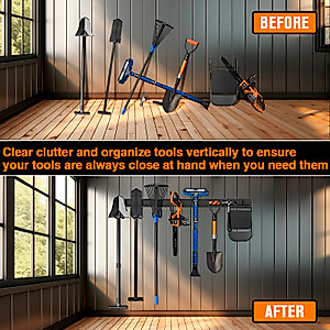 Tool Storage Rack - Garage Tool Organizer Wall Mount, 13Pcs Heavy Duty Garden Tool Organizer with 4 Rails & 9 Hooks for Garage Garden Shed Yard, 64in Adjustable Garage Storage Rack, Max Load 600 Lb