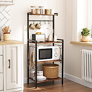 HOOBRO Bakers Rack for Kitchen, 4 Tier Microwave Stand with Storage, Multifunctional Baker's Rack with 8 Hooks, Wooden Kitchen Storage Shelf, Stable Metal Frame, Easy Assembly, Rustic Brown BF04HB01