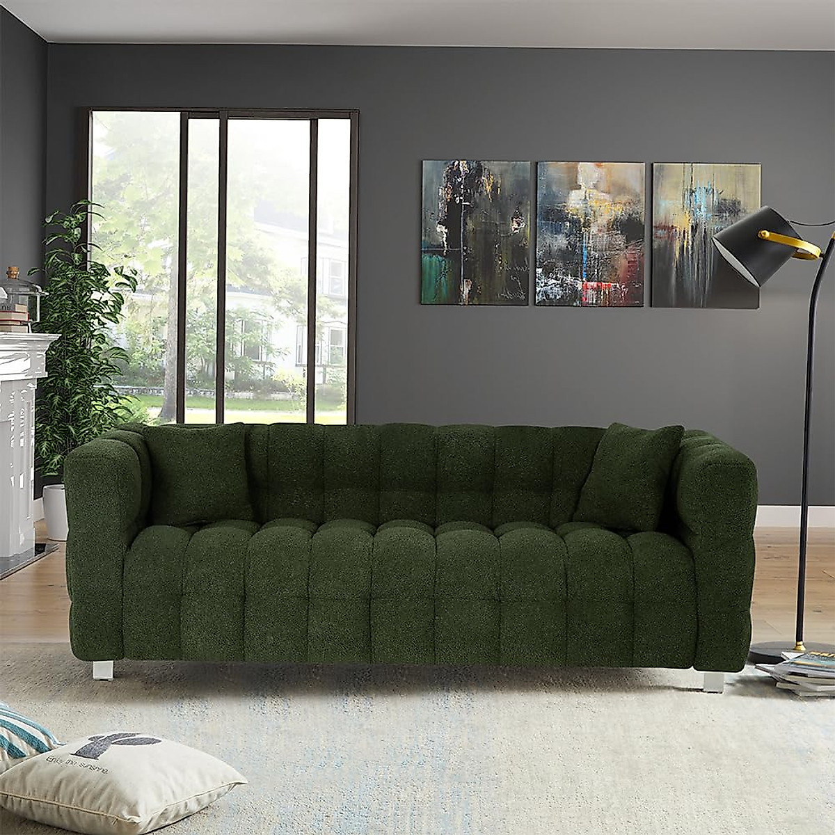 BSYEIO Modern Sofa Couch with Metal Legs Upholstered Tufted 3 Seater Couch with 2 Pillows Comfy Boucle Couch for Living Room, Bedroom, Office, 80 Inch Wide (Green-Teddy)