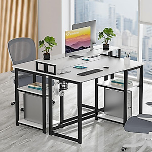 GreenForest 47 inch Computer Desk with Power Outlets, Small Home Office Desk with Ergonomic Monitor Stand, Reversible Gaming Desk, Modern Study Desk, Laptop Desk, White