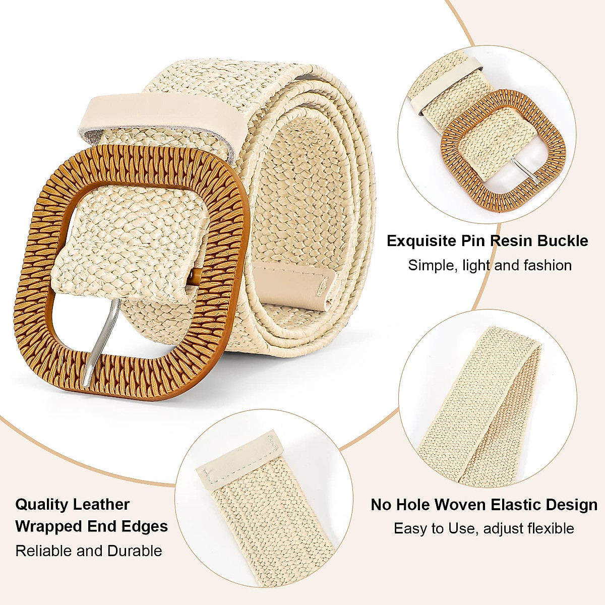 XZQTIVE Women Elastic Wide Belt - Fashion Summer Straw Imitate Woven Elastic Stretch Waist Band Boho Beach Dress Belts(1-Beige, Fit waist size below 34 inch)