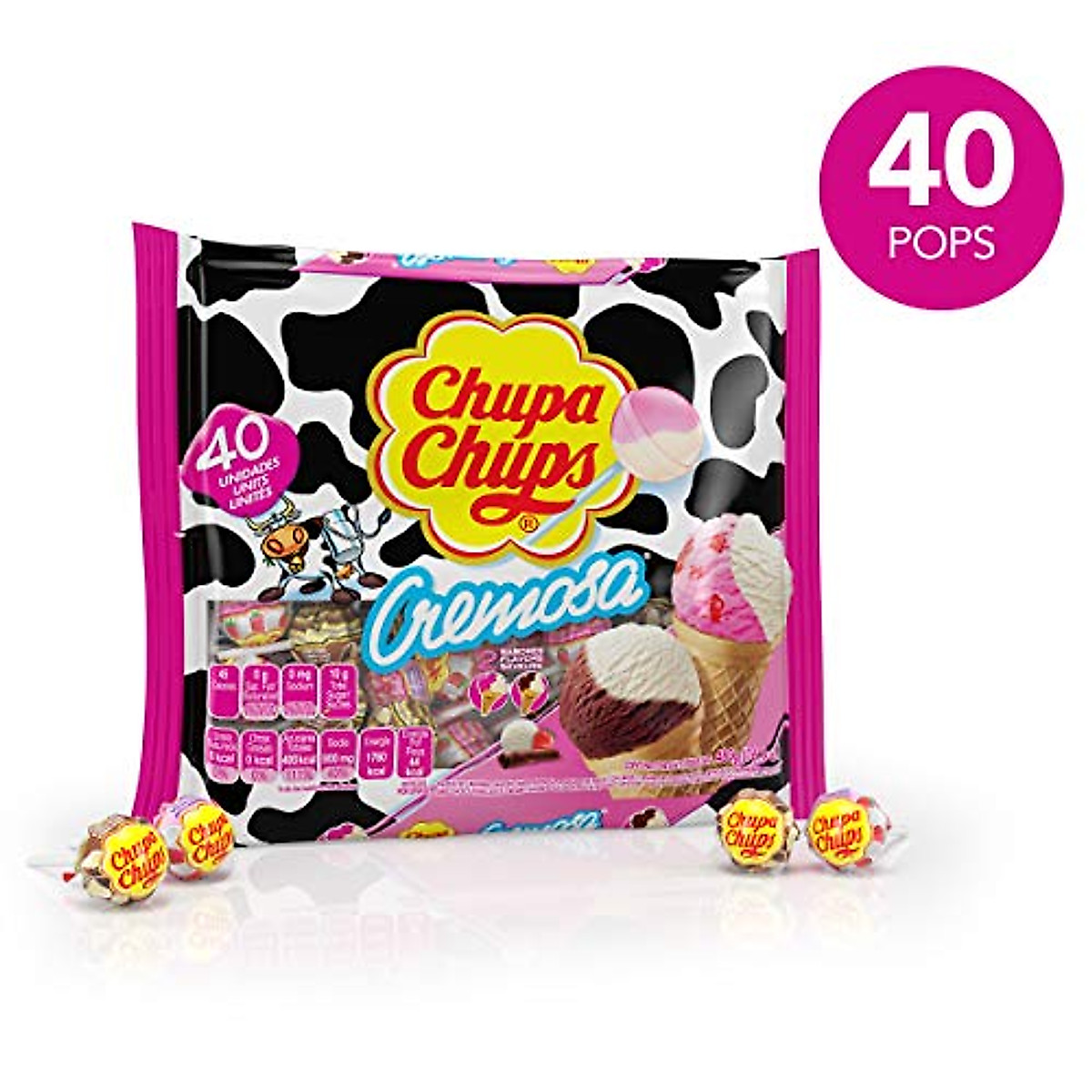 Chupa Chups Cremosa Lollipop Assortment, 2 Ice Cream Flavors, Individually Wrapped Candy for Kids, 16.9 OZ Bag (40 Suckers)