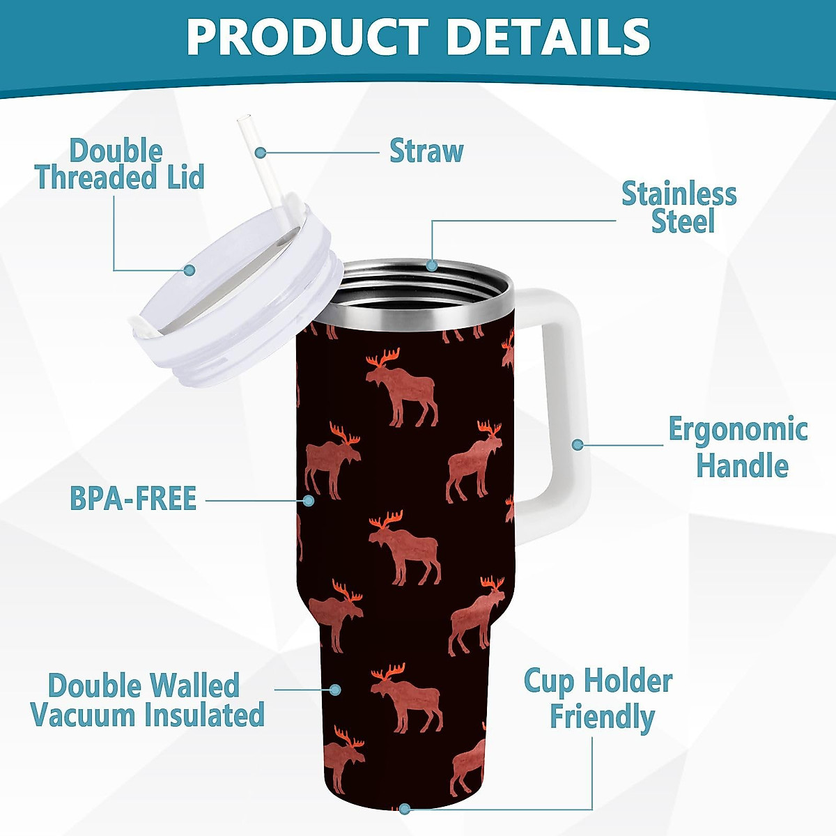 ZZXXB Red Moose Insulated Stainless Steel Water Bottle with Handle and Straw Lid Double Walled Travel Mug 40 oz