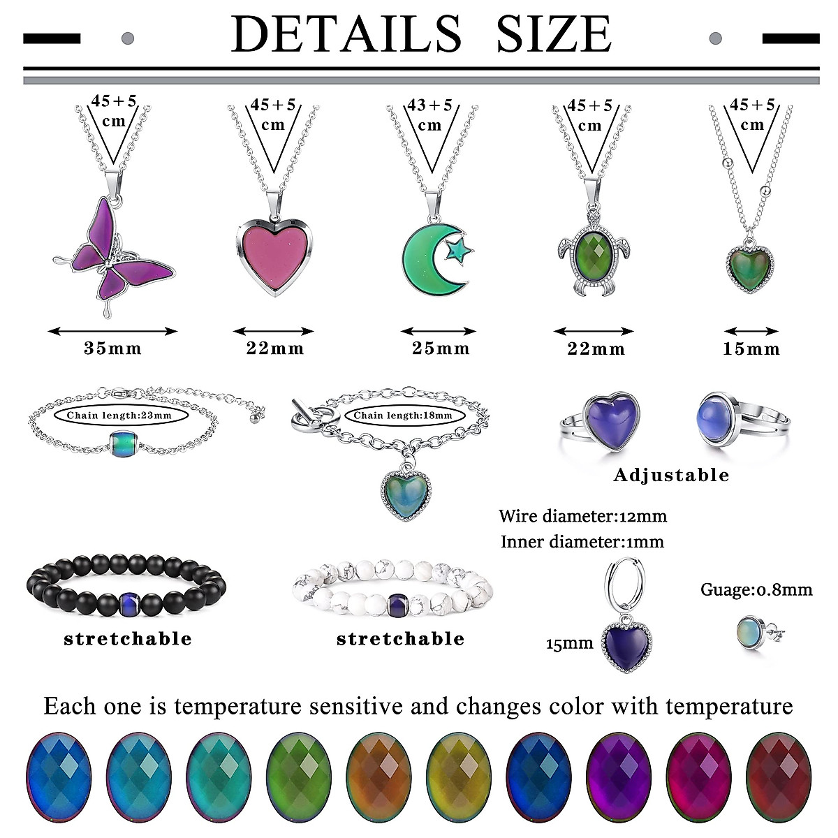 LOLIAS 15Pcs Mood Rings with Mood Necklaces Bracelets and Earrings, Adjustable Temperature Sensing Color Changing Mood Rings, Metal, No Gemstone