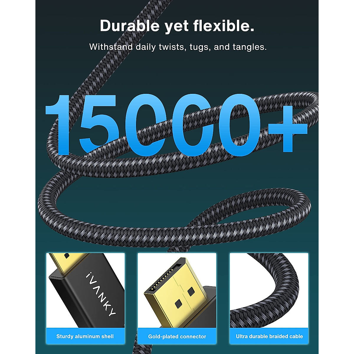 IVANKY DisplayPort Cable 10ft 1.4, 8K DP to DP Cable[8K@60Hz, 4K@144Hz, 1080P@240Hz], Support HBR3, 32.4Gbps, HDCP 2.2, HDR, 8K Display Port Cord Compatible for Gaming Monitor, TV, PC, Laptop - 10ft
