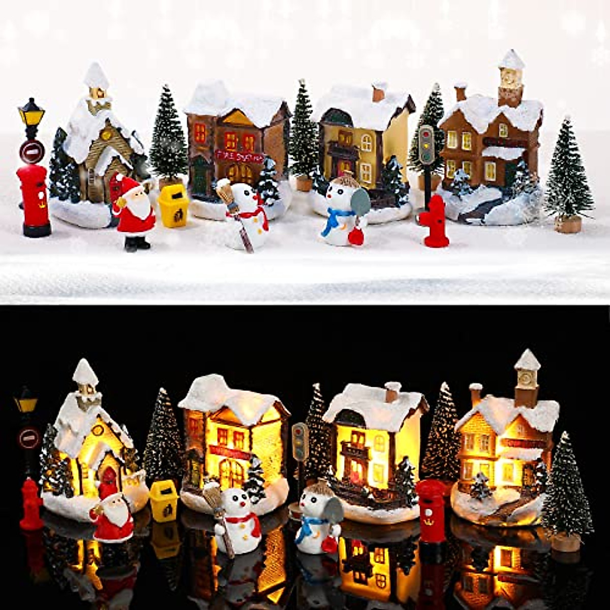 16 Pieces Christmas Village Set - Battery Operated Houses, Xmas Town Scene Desktop Ornament, Figurines, Accessories, Resin Buildings, Landscape Decor