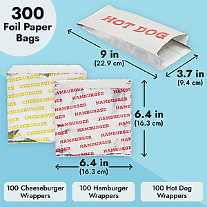 Stockroom Plus 300-Pcs Disposable Foil and Paper Hot Dog Holders and Hamburger Wrappers Combination Pack, Grease-Resistant Food Bags to Keep Food Hot for Party, Event (3 Designs)