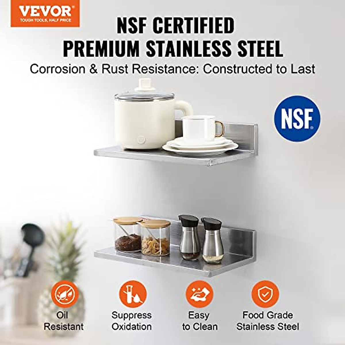 VEVOR 8.6" x 16" Stainless Steel Shelf, Wall Mounted Floating Shelving with Backsplash, 44 lbs Load Capacity Commercial Shelves, Heavy Duty Storage Rack for Restaurant, Kitchen, Bar, Home, and Hotel