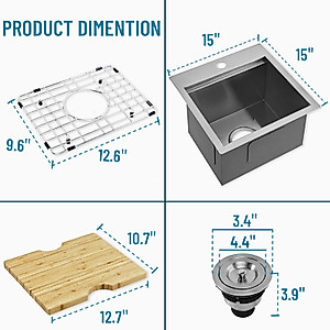 Le Bijou Collection 15 Inch Workstation Drop-in or Undermount 15 x15 Inch Single Bowl 18 Gauge Stainless Steel Handmade Kitchen & Bar Sink with Integrated Ledge and Accessories