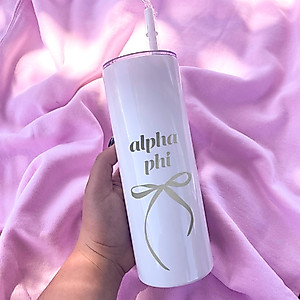 Go Greek Chic Alpha Phi Coquette Bow Tumbler with Straw - White