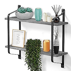 Halter Floating Shelves, 2 Tier Wall Mounted Shelves, Heavy Duty Brackets, Industrial Wood, Mounted, Above Toilet Bathroom Shelves, Bathroom Hanging Shelves with Curved Brackets, Medium, Grey Wood