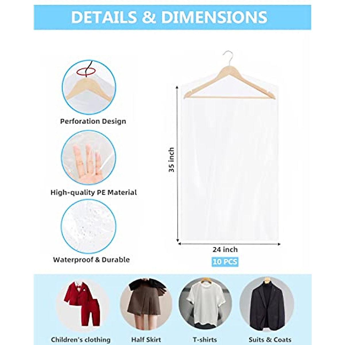 10Pcs Dry Cleaner Bags Plastic Clear Bags,Transparent Dust Cover Hung Garment Bags for Hanging Clothes Suit Dress Jacket Cover for Dry Cleaner Store, Home Closet Storage,Travel-24 x 35 Inch