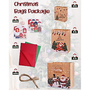 IGbunify 24 Pcs Assorted Sizes Christmas Kraft Gift Bags with Handles，Christmas Goody Bags for Xmas School Gift Wrapping and Party Favors-3 Pattern & 3 Sizes