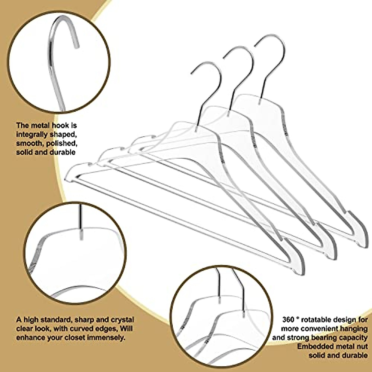 Quality Acrylic Clear Lucite Hangers 20-Pack with Bar Chrome Hooks for Clothes, Pants, Suit Jackets, Coats, and Shirts, Closet and Wardrobe Organization (Chrome/Gloss Silver Hook, 20)