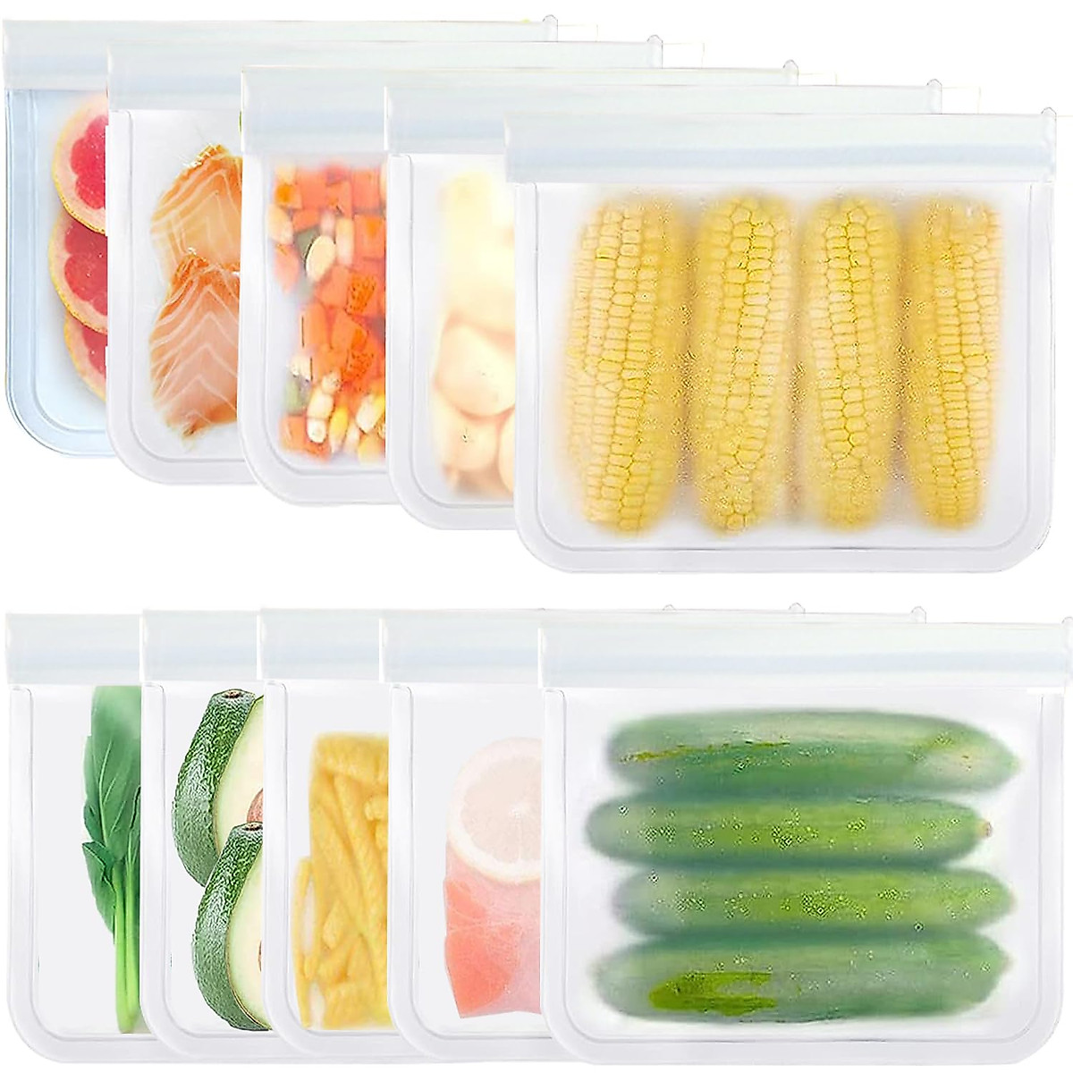 Coupount 10 Pack Reusable Ziplock Bags Silicone,Reusable Food Storage Bags,Leakproof Reusable Freezer Bags, BPA Free Reusable Food Storage Bags