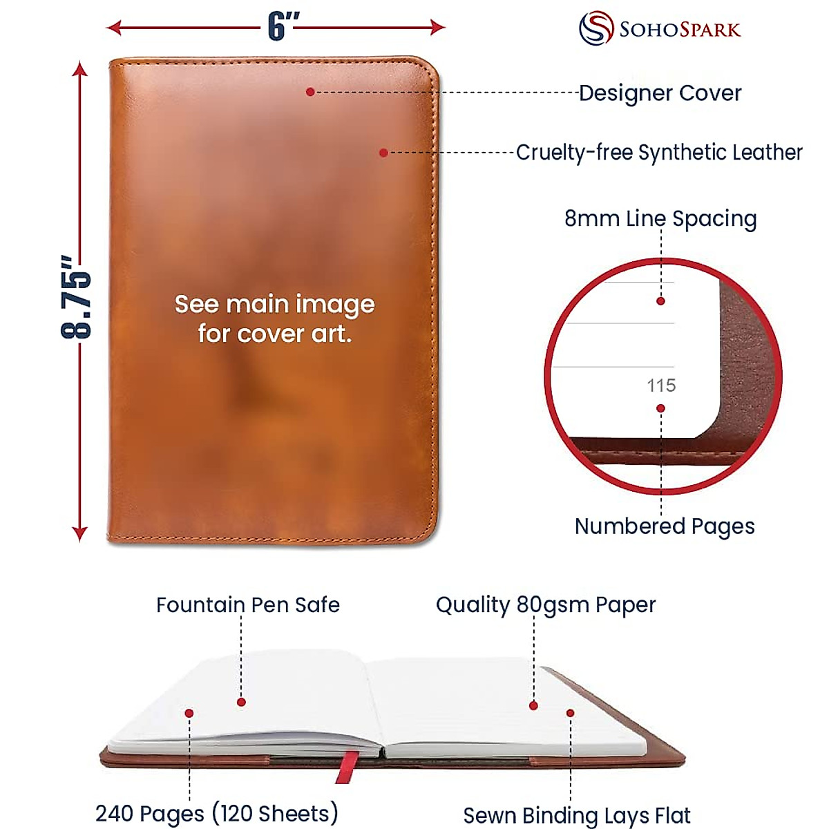 SOHOSPARK Mountains Refillable Faux Leather Journal, Mens Journal, 6x8 Vegan Lined Writing Journal for Women