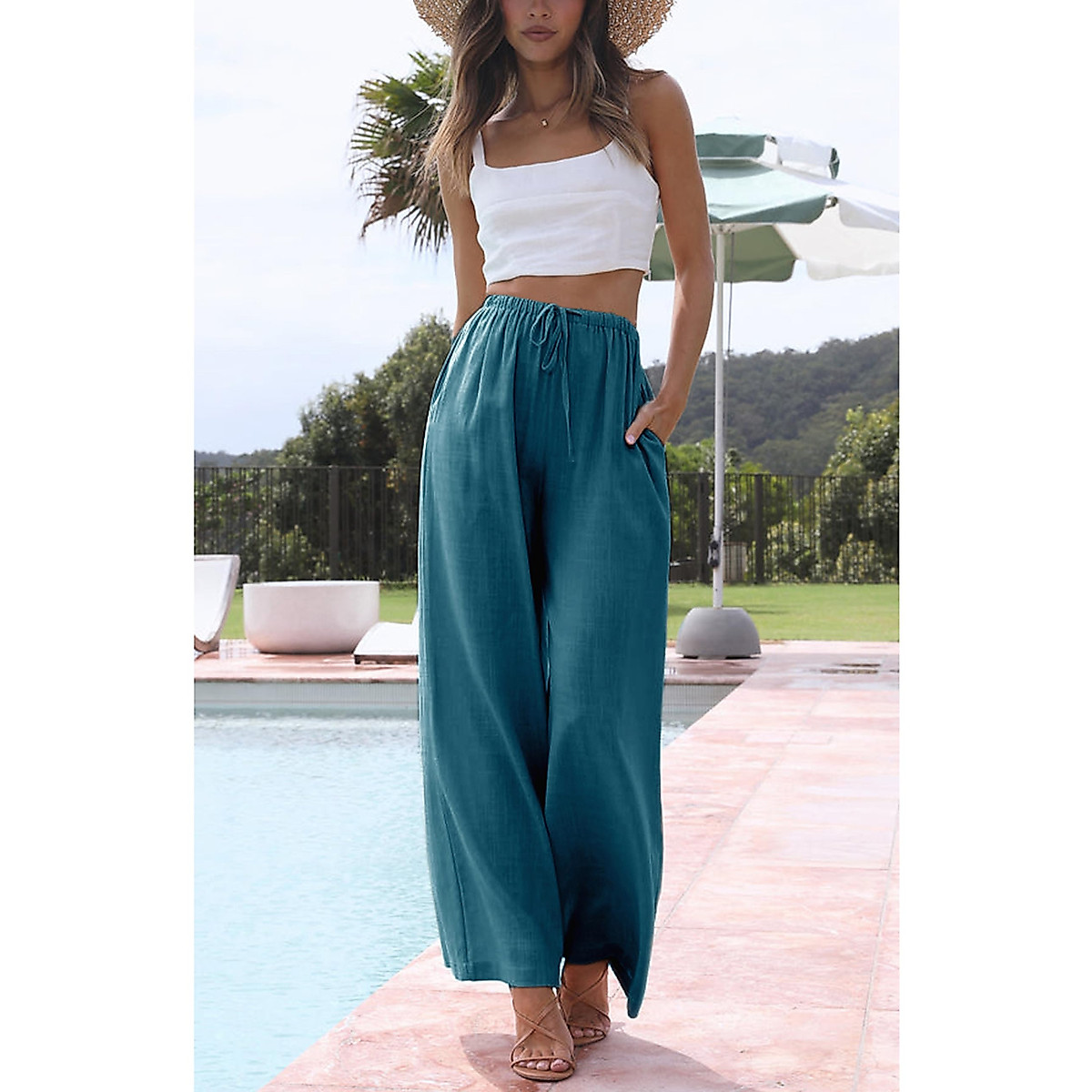 Hooever Women's Wide Leg Cotton Linen Pants High Waist Adjustable Tie Knot Lounge Trousers(Blue-S)