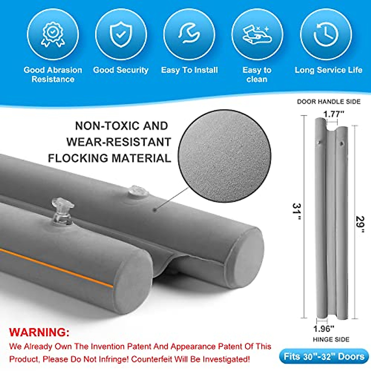 PearlLives Door Draft Stopper for Bottom of Door Air Cushion Bottom Door Seal Under Door Draft Blocker Door Sweep Dust and Noise Blocker (Grey, 30-32INCH)