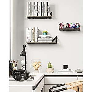 BAYKA Floating Shelves for Bedroom Decor, Rustic Wood Wall Shelves for Living Room Wall Mounted, Hanging Shelving for Bathroom, Laundry Room, Small Shelf for Plants, Books(Charcoal,Set of 3)