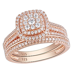 SHELOVES Womens Double Halo Rose Gold Wedding Engagement Ring Set 925 Sterling Silver Cubic Zirconia Sz 7