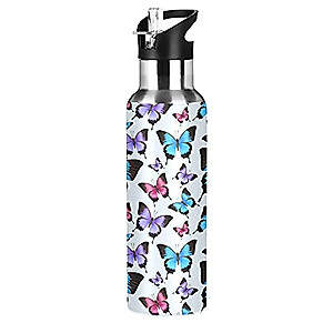Vnurnrn Art Cute Insect Butterfly Sports Water Bottles with Straw Insulated Stainless Steel Vacuum Flask Keeps Hot and Cold for Kids Adult Travel