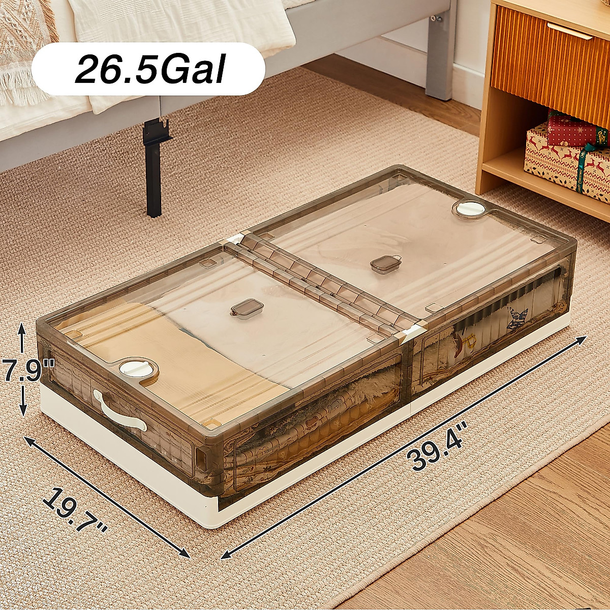 VECELO Under Bed Storage with Wheels, 26.5Gal Stackable Under Bed Storage Containers, Underbed Storage Containers with Lids, Plastic Foldable Folding Box for Clothes Shoes