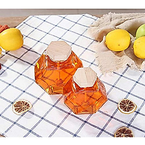 1PC 220ml Clear Glass Refillable Hexagon Shape Honey Pot Jar with Wooden Dipper Sticks and Lid Syrup Dispenser Container Empty Bottle Food Storage for Home Kitchen
