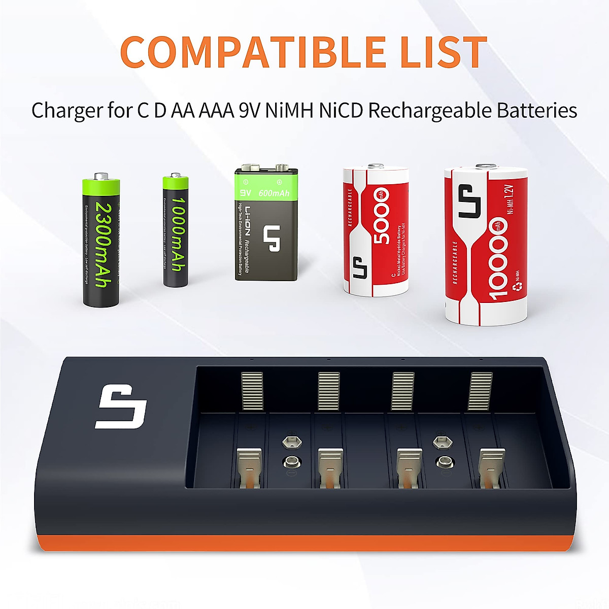 LP Universal Battery Charger LED Display for Rechargeable Batteries NI-MH NI-CD AA AAA C D 9V Li-ion, Smart Battery Charger with AC Adapter Fast Charging for 1.2V NI-MH NI-CD Batteries