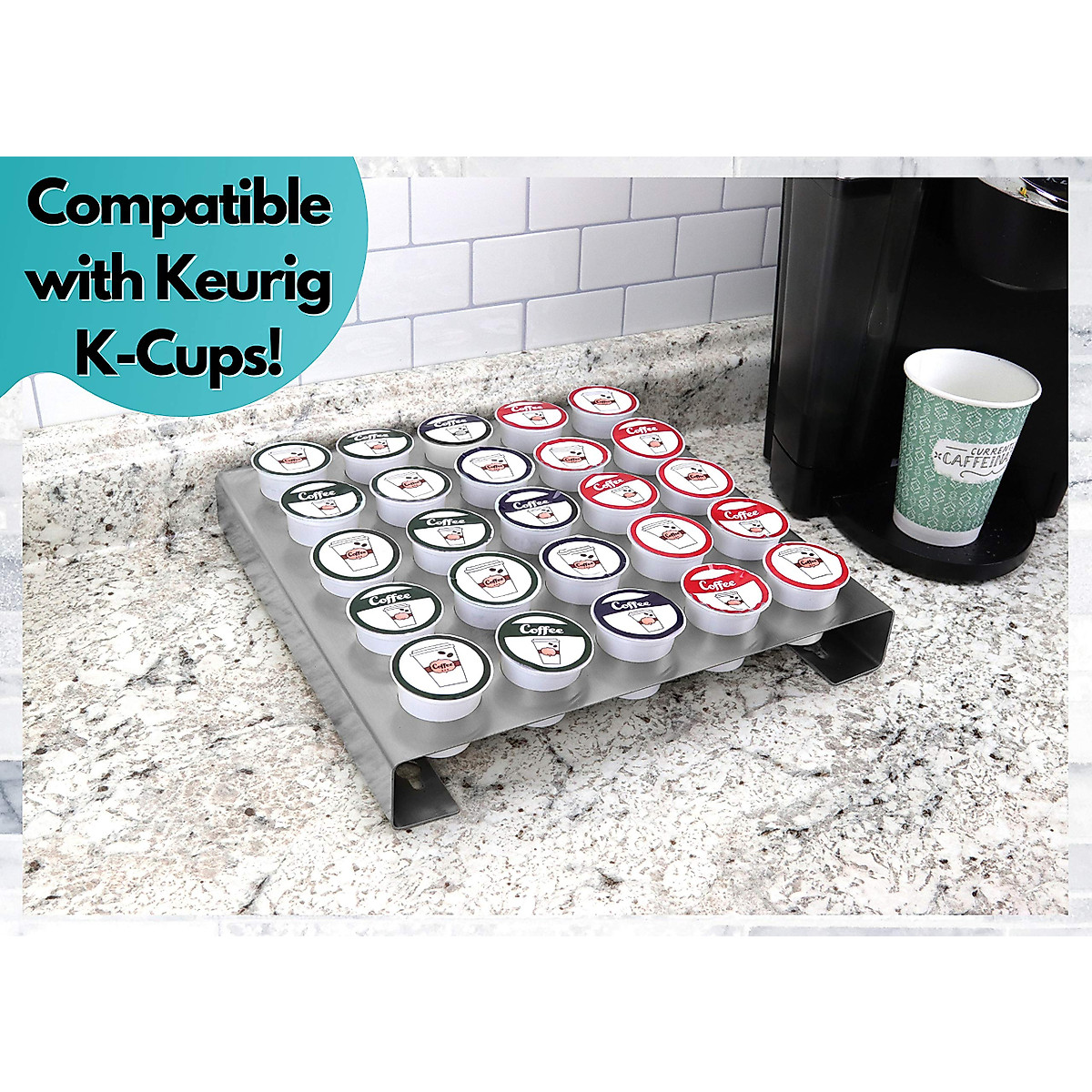 Polar Whale 2 Brushed Stainless Steel Coffee Pod Organizer Storage Tray Counter Stand or Wall Mount Compatible with Keurig K-Cup KCup for Kitchen Home Office Waterproof 12 x 12 Inches Each Holds 25
