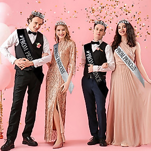 Saintrygo Prom Prince and Princess Crown Set with Sashes 80s Prom Party Favors for Halloween Cosplay 2024 Graduation(Nostalgic Style)