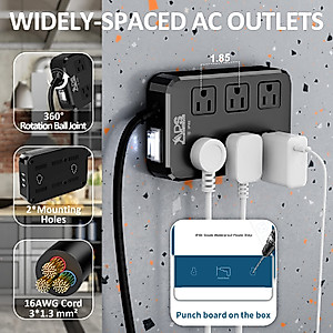 IPX6 Outdoor Power Strip Weatherproof, Waterproof Surge Protector with 6 Wide Outlet with 3 USB Ports, 6FT Long Extension Cord, Wall Mountable for Outside Decorations and More UL Listed(Black)