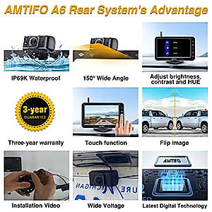 AMTIFO Wireless Backup Camera HD 1080P Bluetooth Rear View 5 Inch Split Screen Touch Key Monitor Car Truck Camper License Plate Cam System 2 Channels Waterproof Clear Night Vision DIY Guide Lines A6