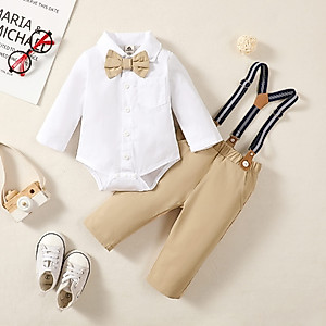 PURSKYY Baby Boy Dress Clothes 3-6 Months, Newborn Gentleman Outfit, Long Sleeves Shirt+ Bowtie+ Khaki Suspenders Pants, Fall Winter Infant Wedding Suit Set