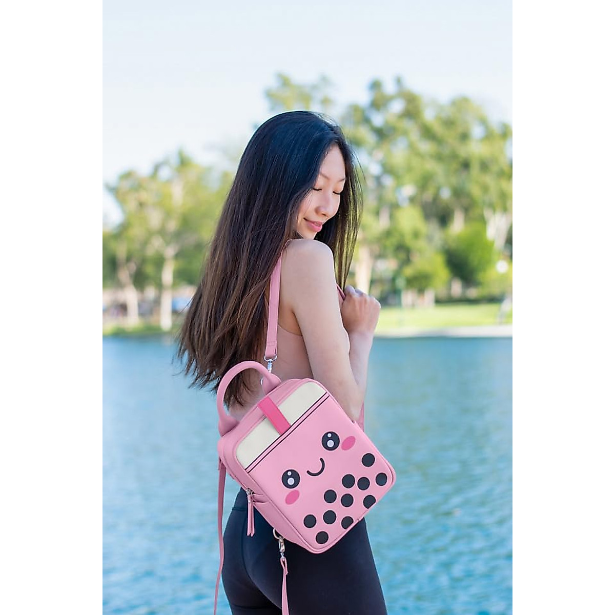 Boba Premium Faux-Leather Backpack, Crossbody, or Purse (Milk Tea)