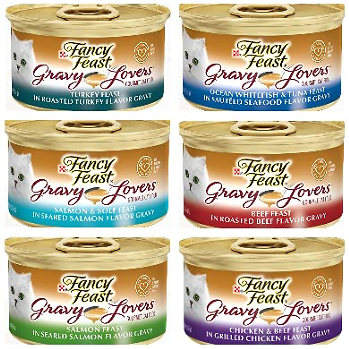 Fancy Feast Gravy Lovers Bundle, 4 Turkey, 4 Ocean Whitefish, 4 Salmon & Sole, 4 Beef, 4 Salmon Feast in seared Salmon, & 4 Chicken & Beef. Each can is Total of 24 cans., 3 Ounce,3 Ounce (Pack of 24)