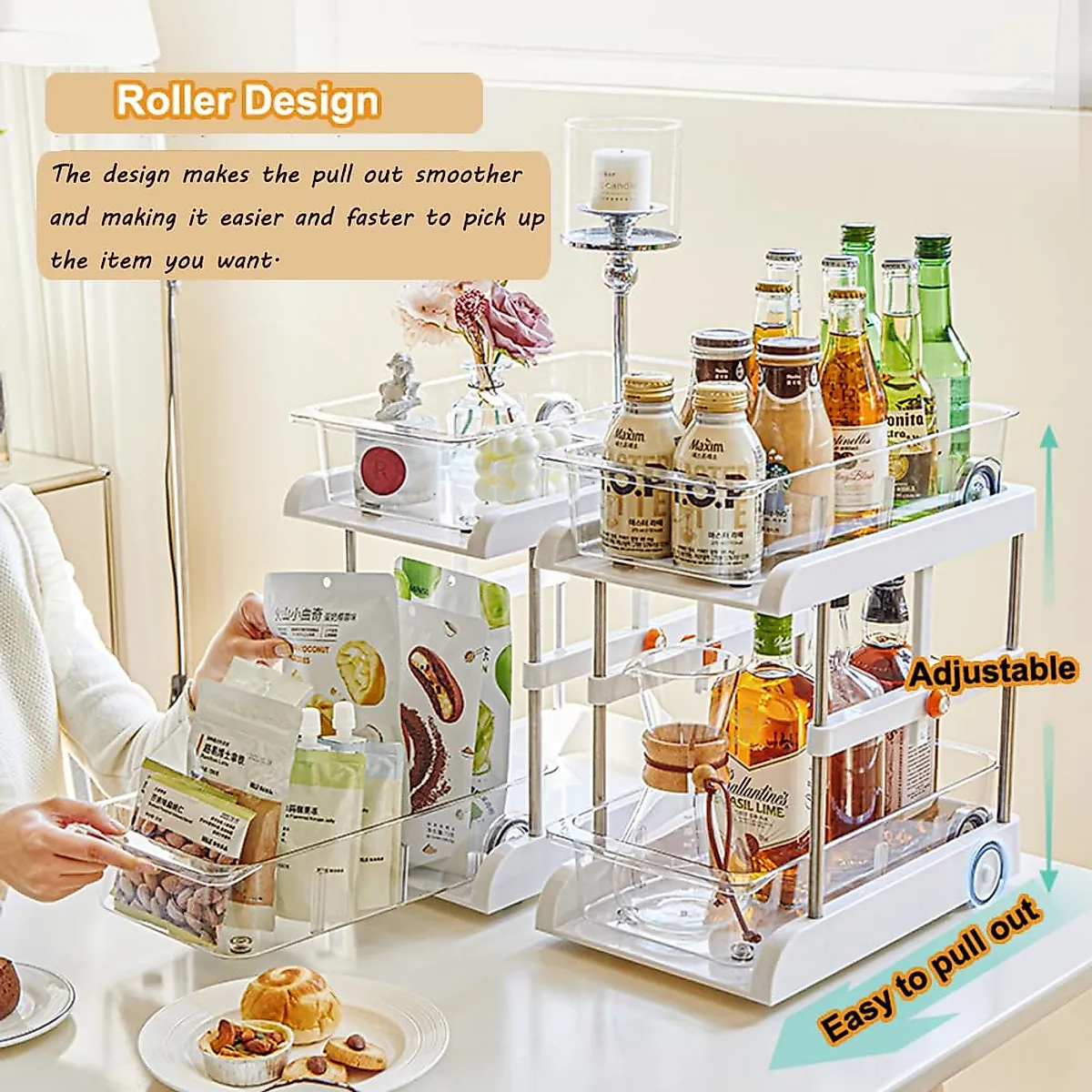 XIYAO 2 Tier Clear Organizer with Dividers and Wheels, Adjustable Under Sink Bathroom Closet organizer and Storage,Pull Out Medicine Cabinet organizer, Kitchen Pantry organizers and storage.