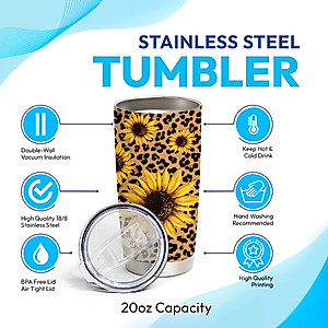 Hyturtle Personalized Gifts For Sunflower Lover - Sunflower Leopard Prints Custom Name Stainless Steel Tumbler 20oz With Lid - Idea Floral Lover Gifts For Women Girl On Birthday, Christmas