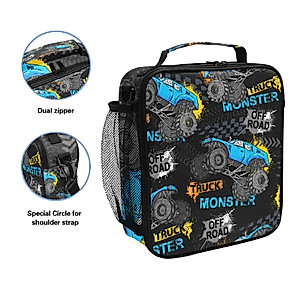 litebear Kids Lunch Box Boys Girls Insulated Lunch Cooler Bag Monster Truck Car Trace Reusable Lunch Tote Kit for School Travel
