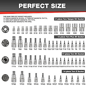 EACELIY 60pcs Torx Bit Socket Set, Hex Star Sockets, S2 and CR-V Steel, Includes Torx E socket (E4-E24), Torx Bit Socket (T6-T70), Torx Tamper Bit Socket (TT6-TT70), Torx Plus Bit Socket (TP8-TP60)