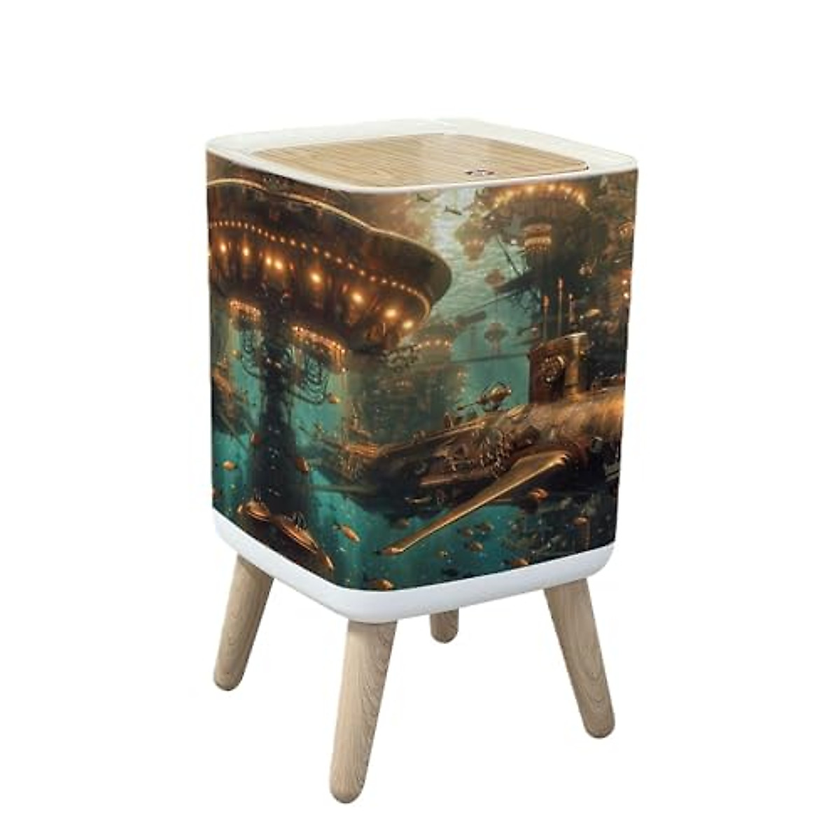 PHAIBHKERP Trash Can with Lid Fish Brass Subs A Undersea Poster Garbage Can Rectangular Waste Bin Press Cover Dog Proof Wastebasket for Kitchen Bathroom Living Room Nursery