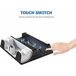 JDDWIN PS5 Vertical Charging Stand with Cooling Fan & Controller Hanger for PS5 Console,PS5 Stand Accessories with Dual Controller Charger and Game Rack Storage Organizer with 3 USB Ports