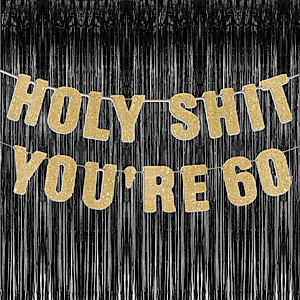 JunyRuny Gold Glitter 60th Birthday Banner, 60th Birthday Party Decorations for Men/Women, 60th Birthday Decorations for Him/Her, Happy 60th Birthday Sign, Funny 60th Birthday sign